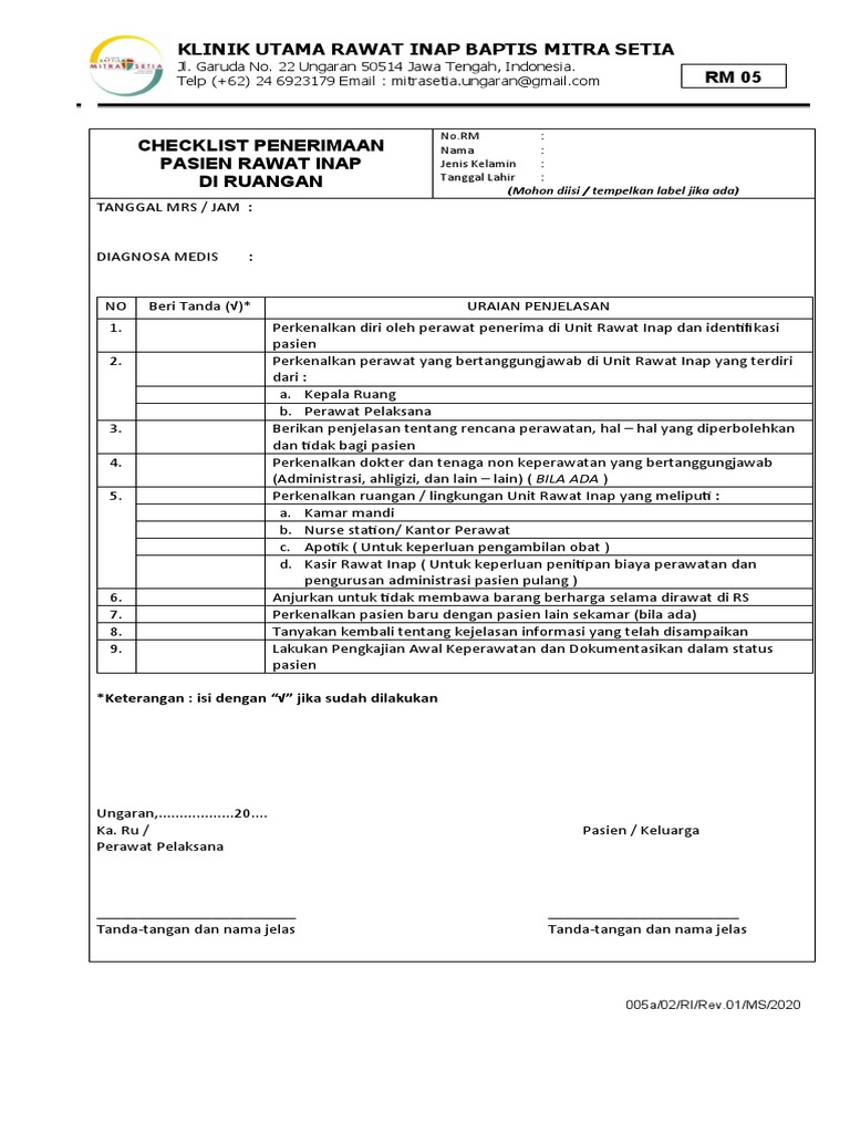 Checklist Penerimaan Pasien Rawat Inap | PDF | Sains & Matematika