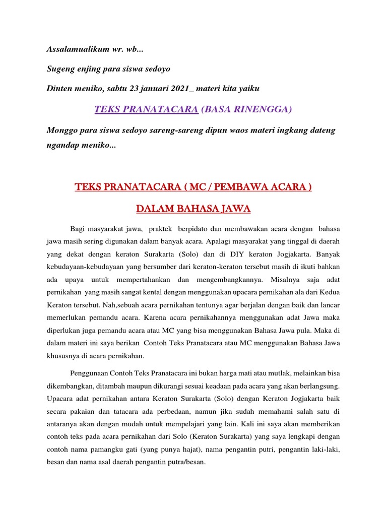 Materi Bahasa Jawa - Teks Pranatacara - Basa Rinengga | PDF
