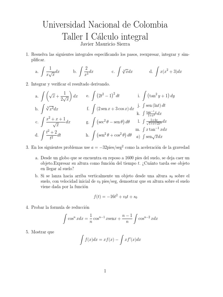 Taller 1 Calculo Integral | PDF | Conceptos matemáticos | Objetos ...