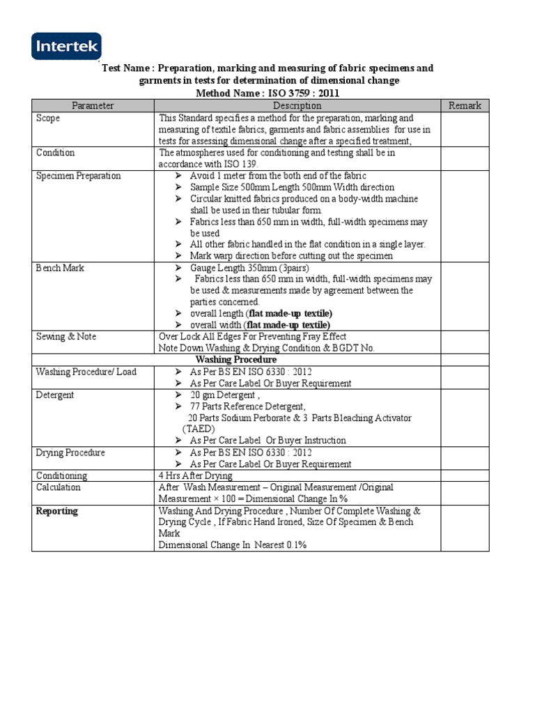 Dimensional Stability To Washing (ISO 3759) | PDF | Textiles | Clothing