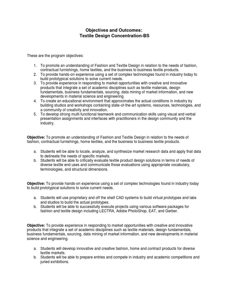 Objectives and Outcomes: Textile Design Concentration-BS | PDF ...