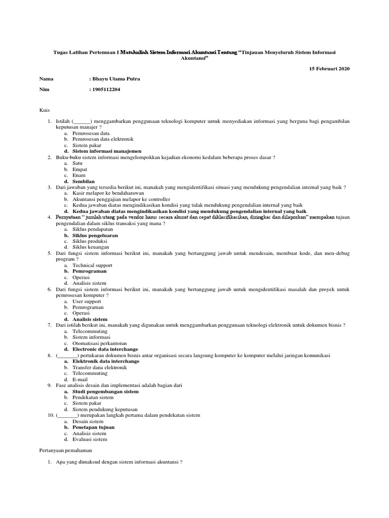 Latihan Pert. 1 SIA-Bhayu Utama Putra (1905112204) AKT 4 | PDF