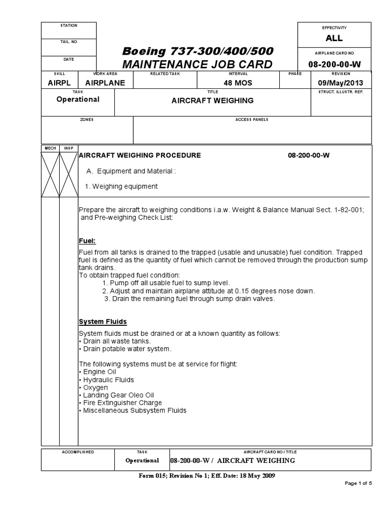Aircraft Weighing Maintenance Job Card | PDF | Landing Gear | Airplane
