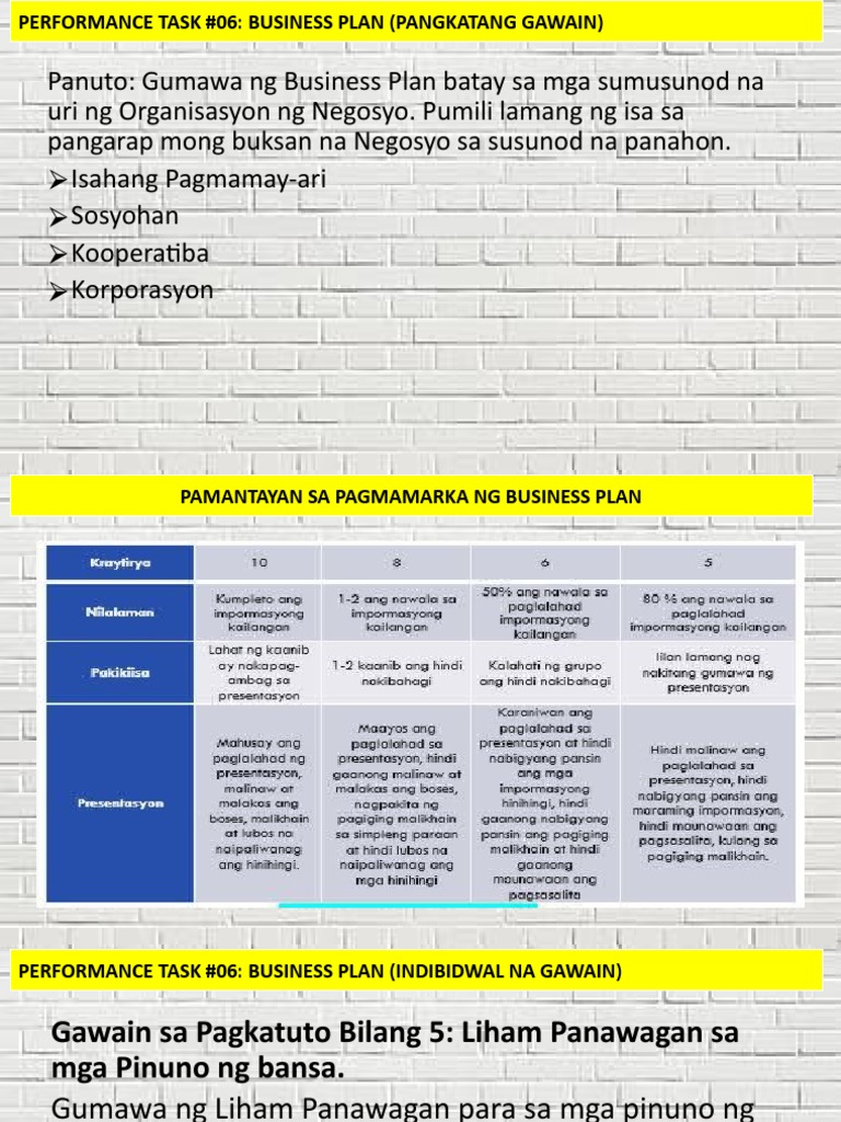 Performance Task 07 - Pangkatang Gawain at Indibidwal Na Gawain - Business Plan - Liham ...