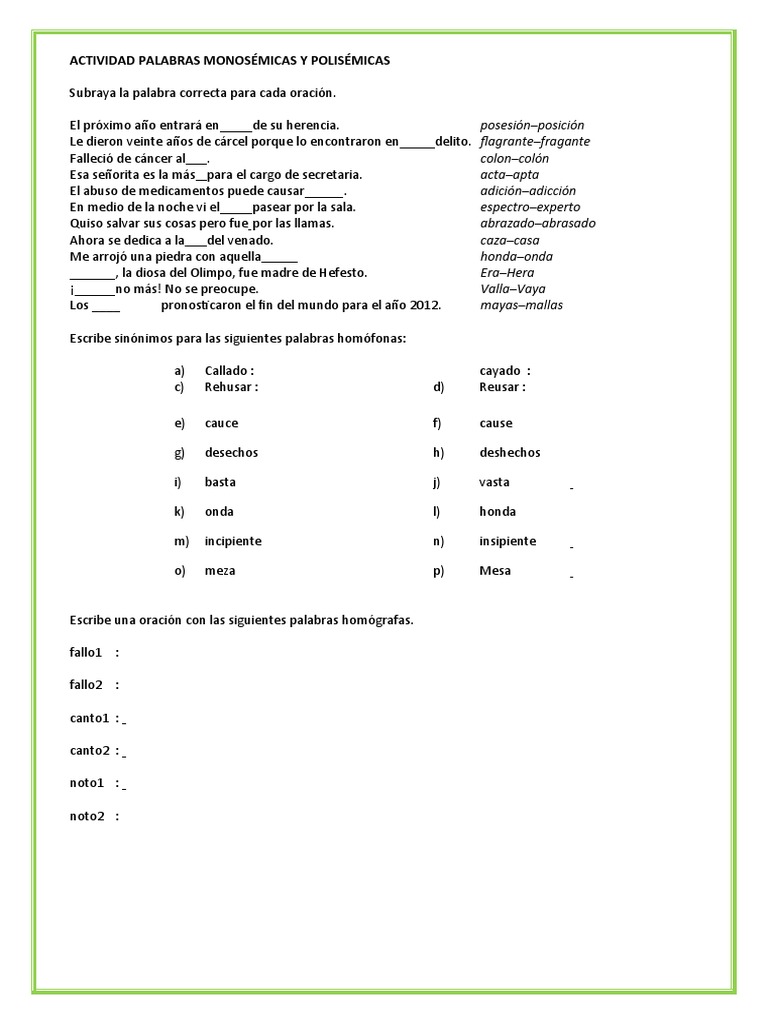 Activdad Palabras Monosemicas y Polisémicas | PDF