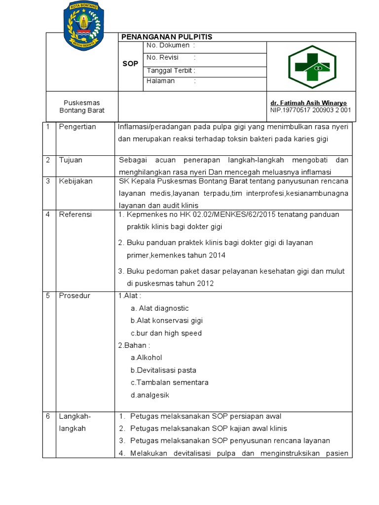 Sop Penanganan Pulpitis | PDF