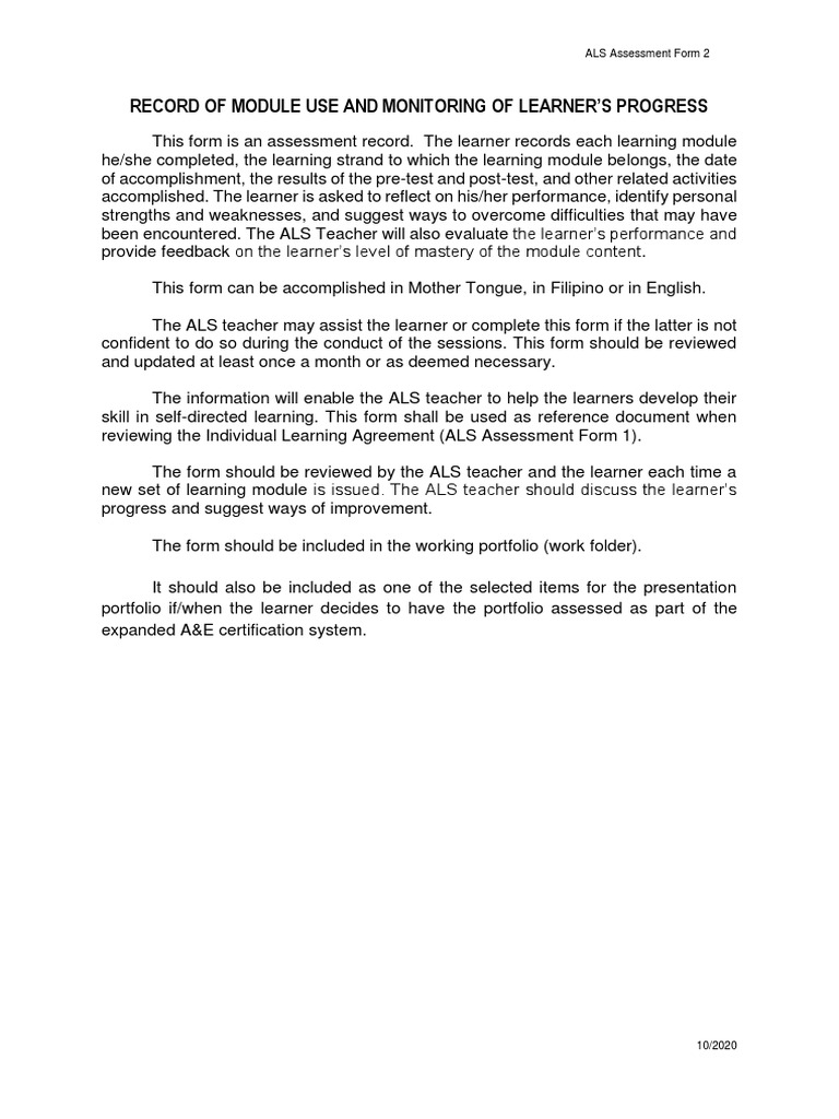 ALS Assessment Form 2 Guidelines | PDF | Applied Psychology | Learning