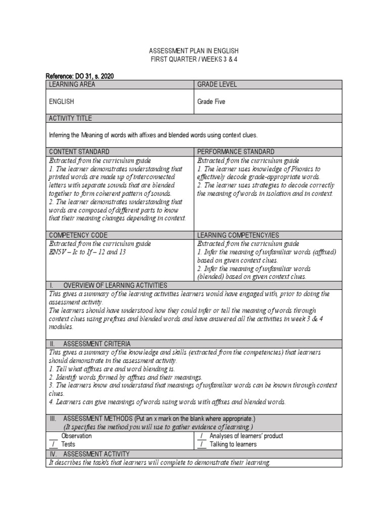 Sample 1 Assessment Plan in English | PDF | Educational Assessment ...