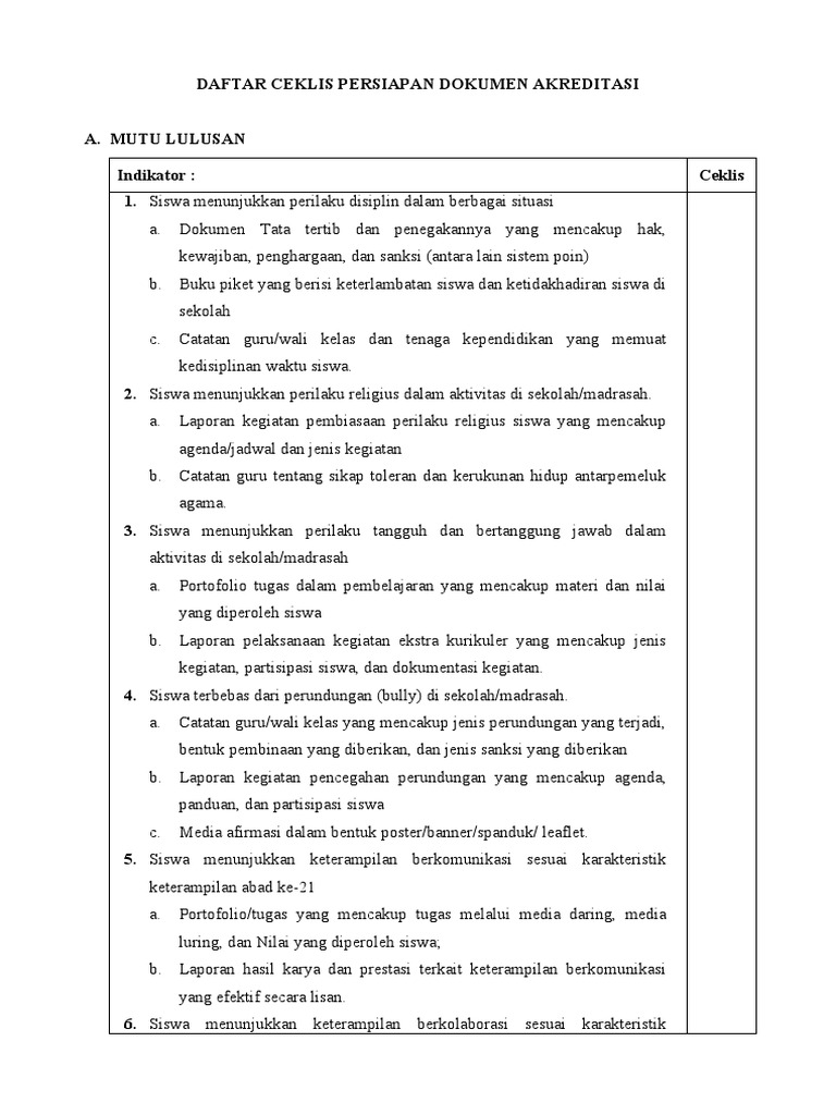 Daftar Ceklis Persiapan Dokumen Akreditasi | PDF