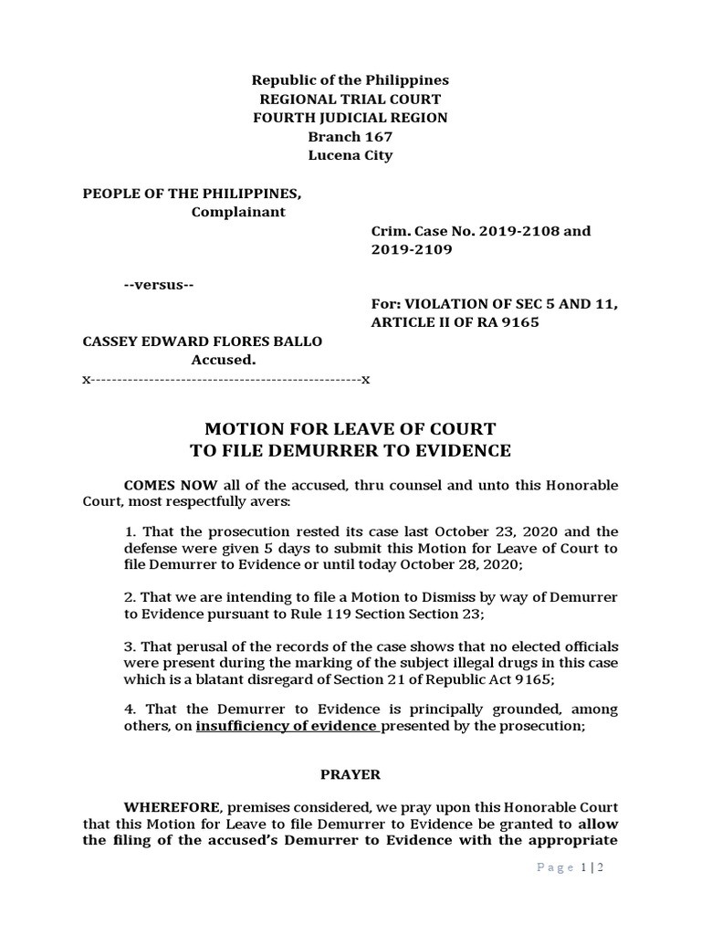 Motion For Leave To File Demurrer | PDF | Demurrer | Legal Procedure