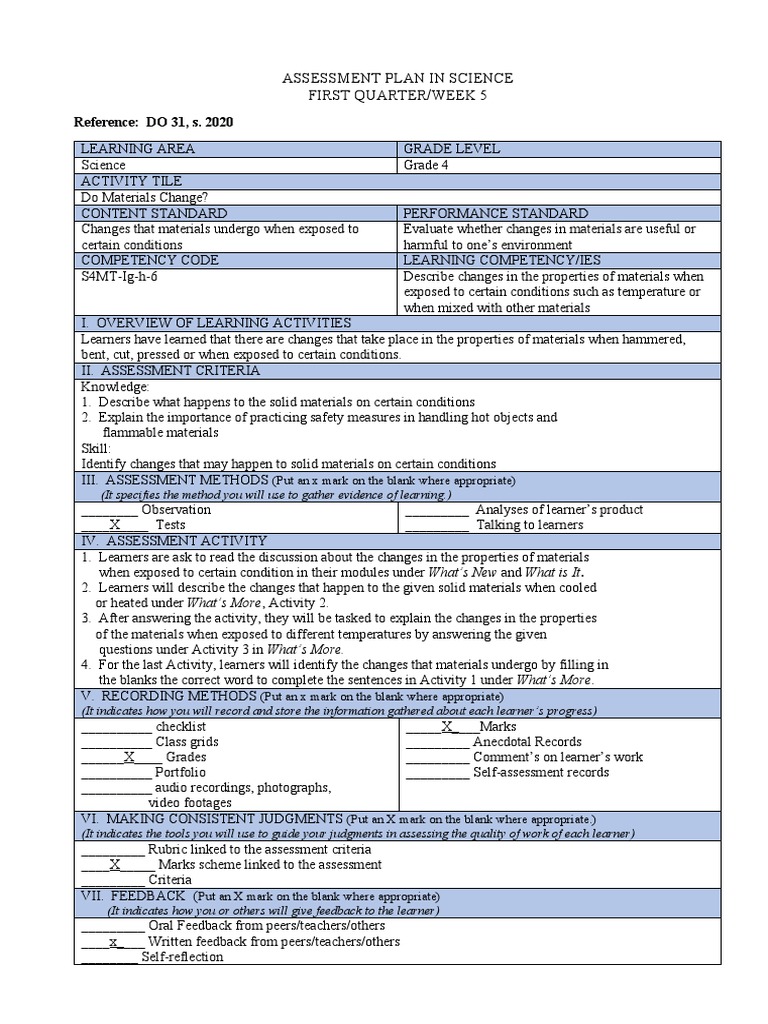Sample Assessment 3 Plan in Science 4 | PDF | Educational Assessment ...