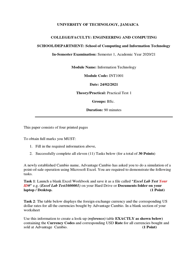 UTECH Excel Virtual Lab Wednesday Morning Test Spring 2021 | PDF ...