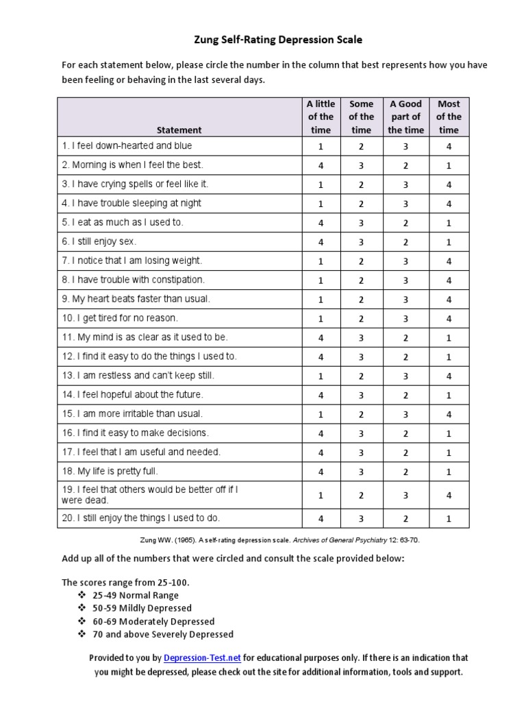 Zung Self Rating Depression Scale | PDF | Psychiatry | Psychology