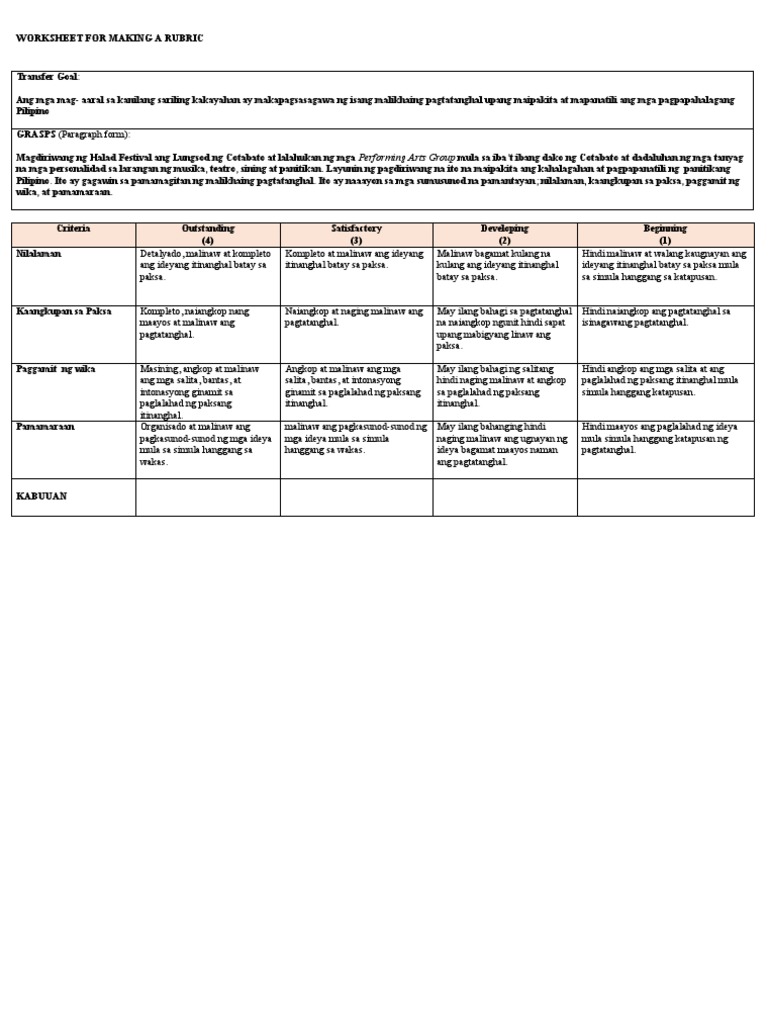 Rubric Worksheet | PDF