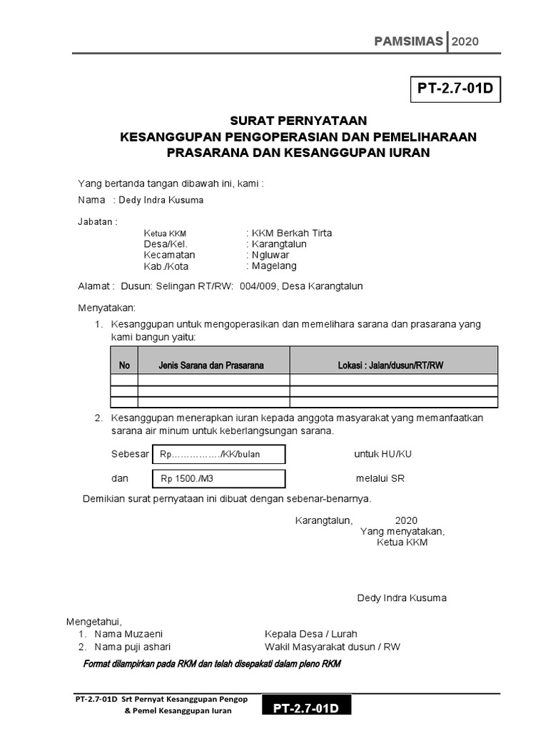 Surat Pernyataan KKM Pamsimas | PDF