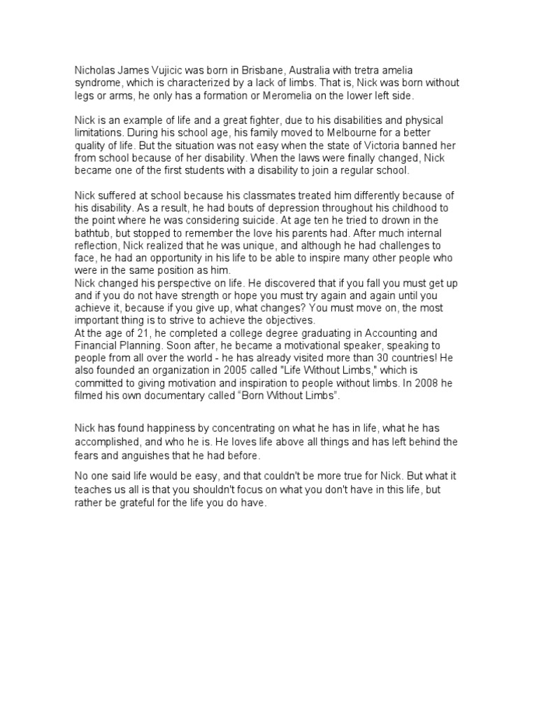 Nicholas James Vujicic Motivational Story | PDF