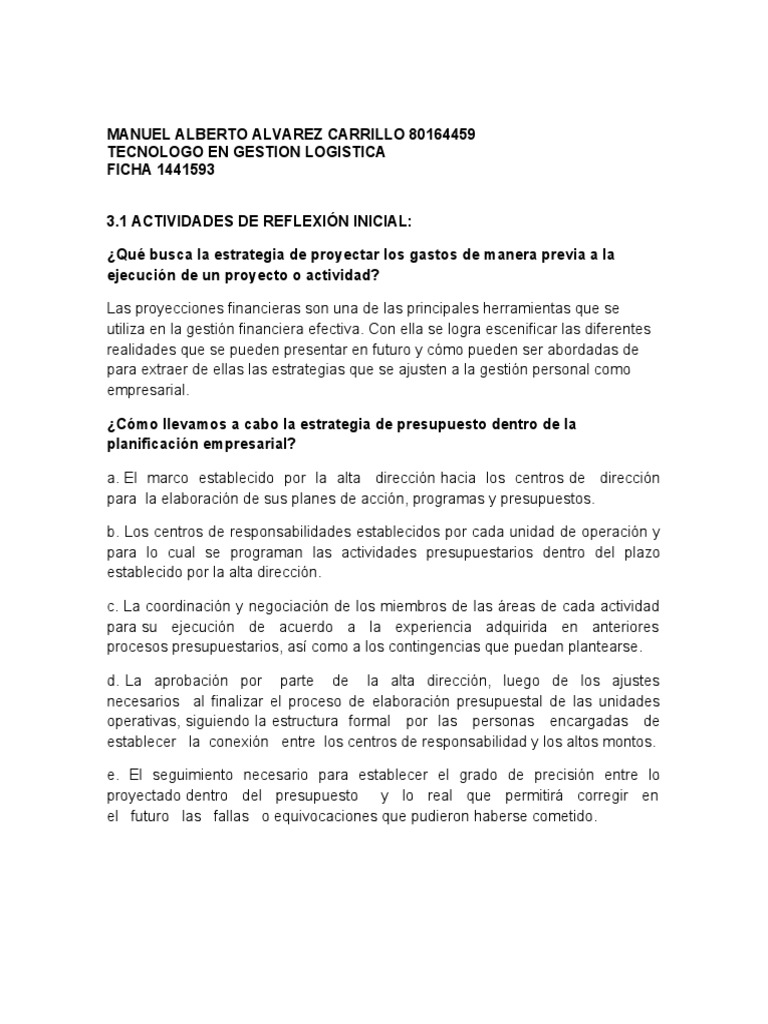 Actividad de Reflexion Inicial | PDF | Presupuesto | Estado financiero