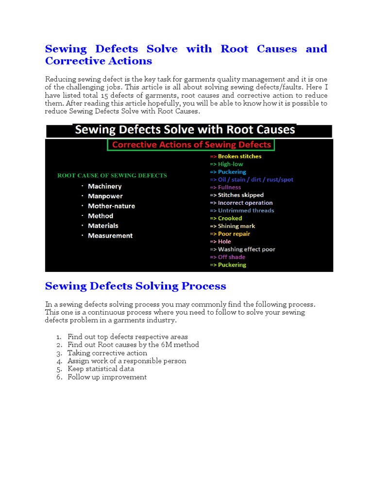 Sewing Defects Solve With Root Causes and Corrective Actions | PDF ...
