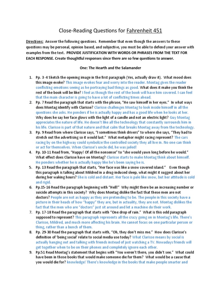 Close-Reading Questions for Fahrenheit 451 | PDF