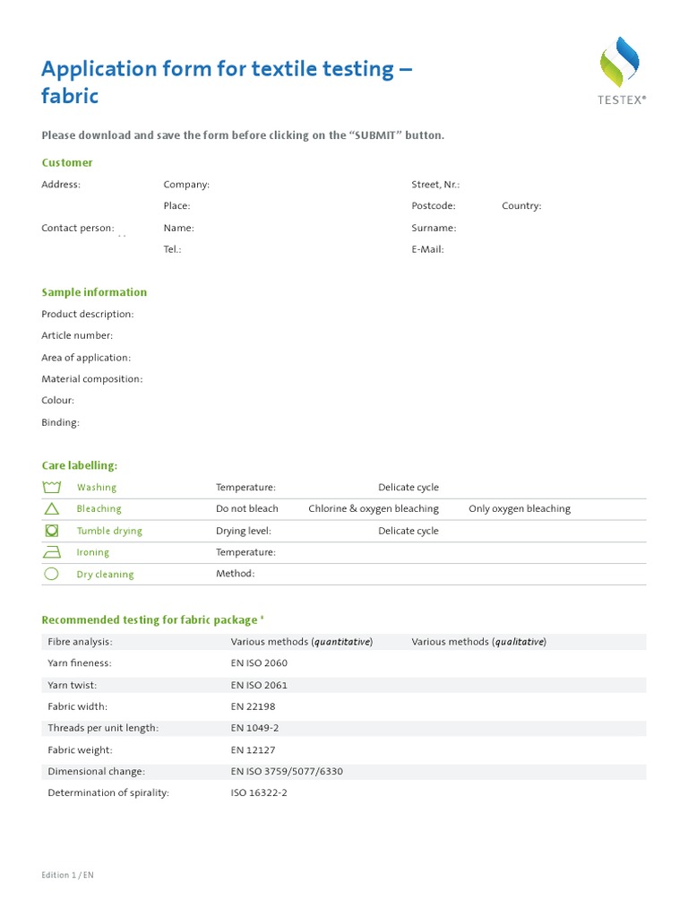 Application Form For Textile Testing - Fabric: 1 U J C Q | PDF ...