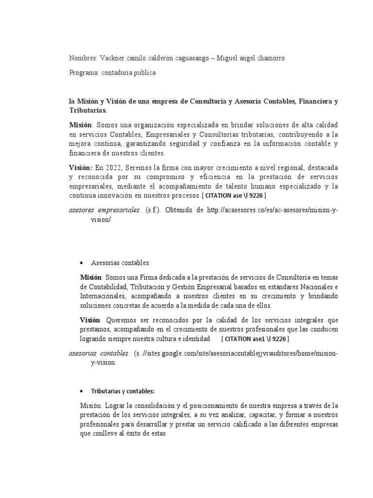 La Misión y Visión de Una Empresa de Consultoría y Asesoría Contables | PDF
