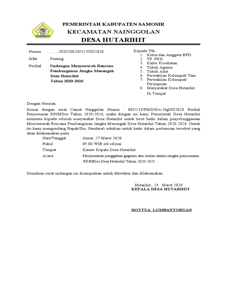 Undangan Musrenbang RPJMDes Hutarihit 2020-2026 | PDF