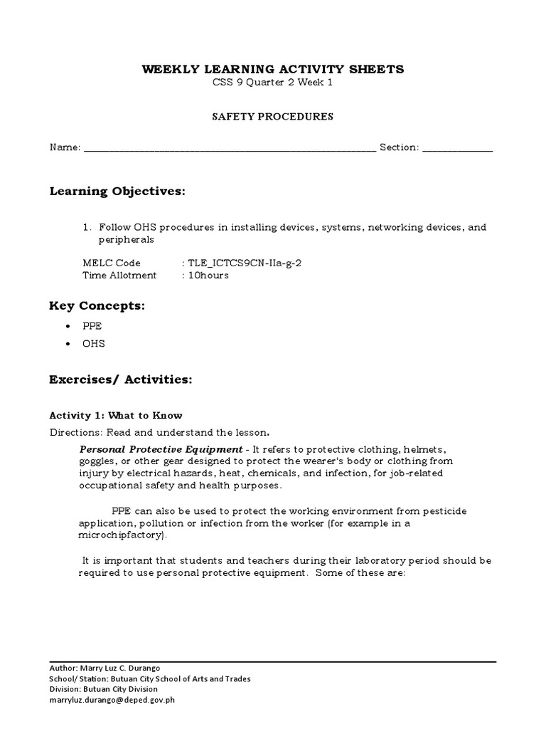 Weekly Learning Activity Sheets: Safety Procedures | PDF | Personal Protective Equipment ...