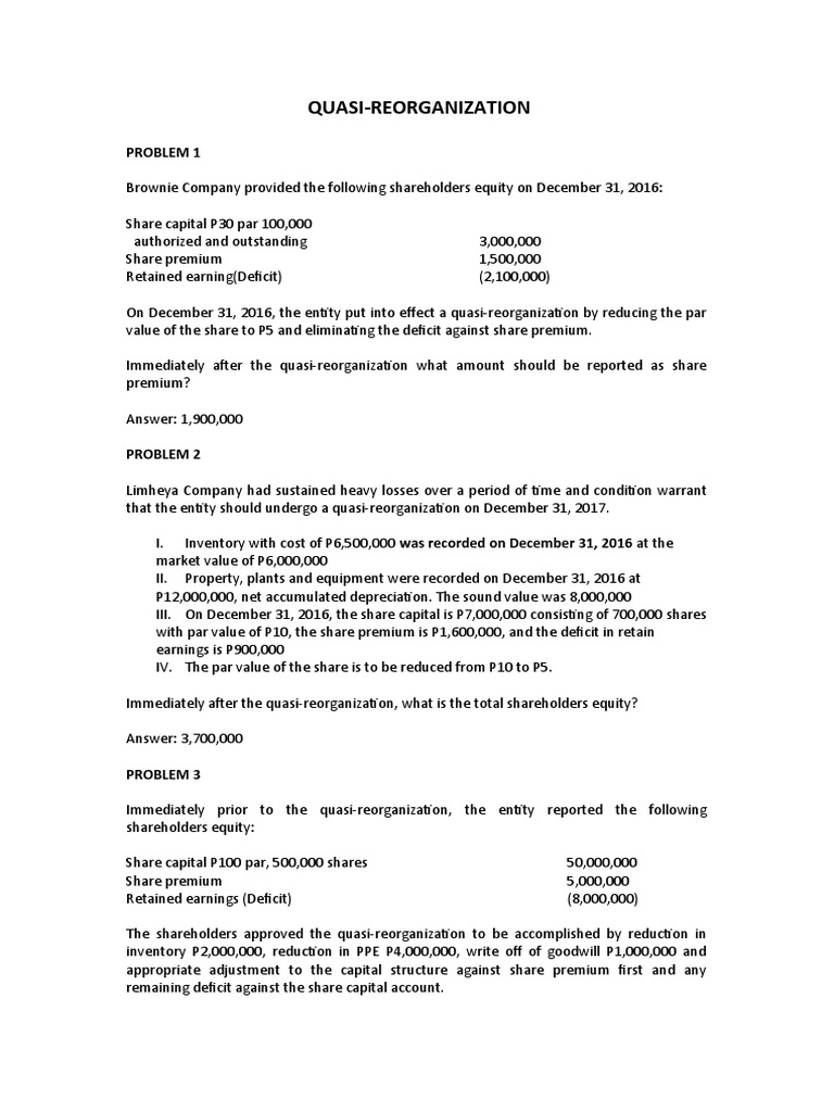 Quasi-Reorganization: Problem 1 | PDF | Capital Surplus | Equity (Finance)