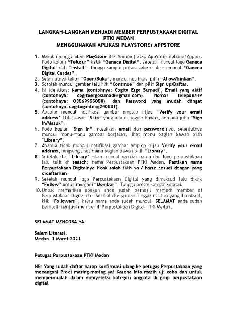 LANGKAH-LANGKAH MENJADI MEMBER PERPUS DIGITAL by GANECA DIGITAL | PDF