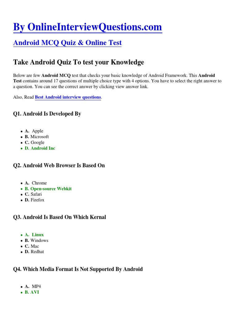 Android Online Test - Quiz PDF | PDF | Business | Technology & Engineering