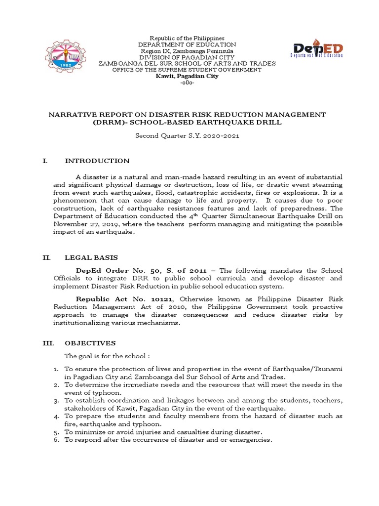 DRRM-Narrative - Report-4th-Qtr-Eartquake-Drill | PDF | Emergency Management | Earthquakes