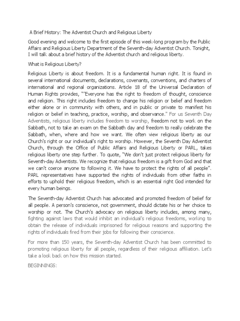 A Brieft History The Adventist Church and Religious Liberty | PDF ...