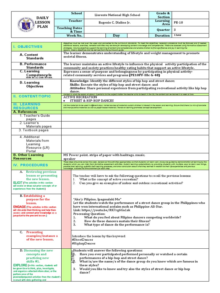 Daily Lesson Plan: I. Objectives | PDF | Dances | Learning