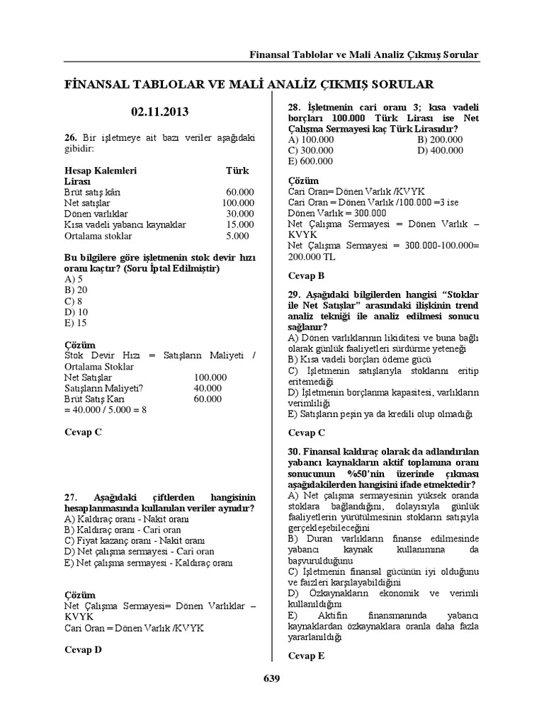SMMM Sinavi Finansal Tablolar Analizi Sorulari Baslatma | PDF