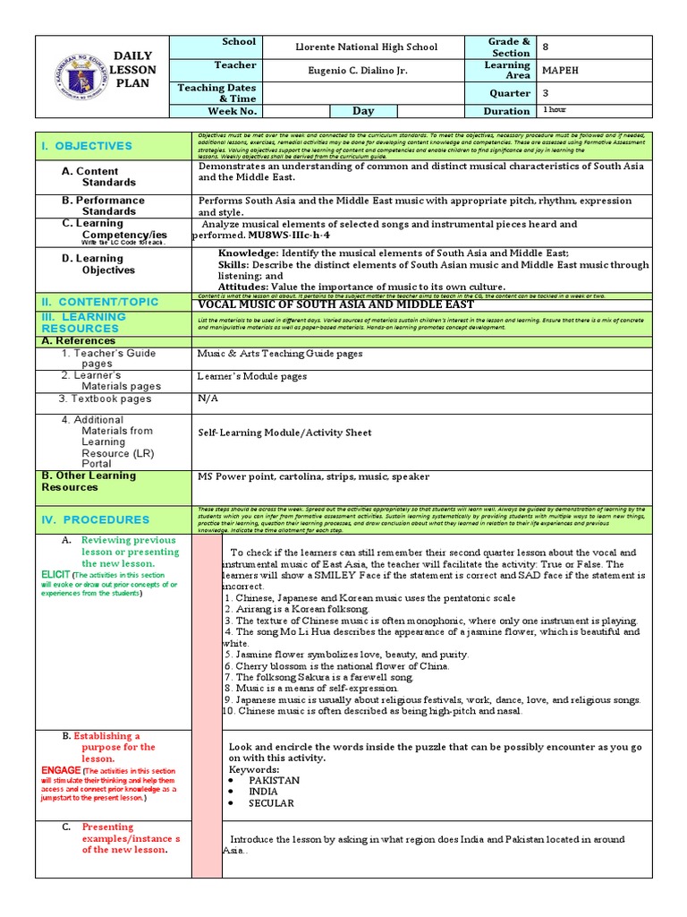 Daily Lesson Plan: I. Objectives | PDF | Vedas | Learning