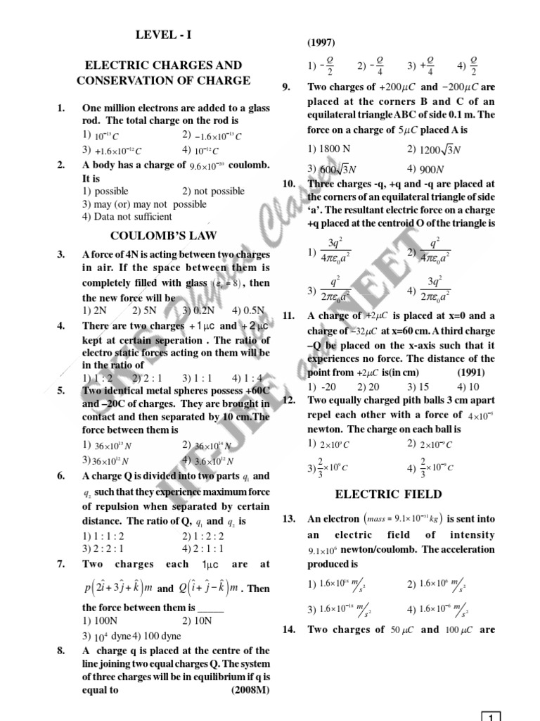 ELECTRO STATICS Practice Problems | PDF | Electric Charge | Electric Field