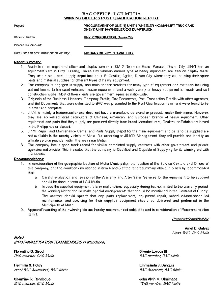 LGU Mutia Post Qualification Report: Jinyi Corp | PDF | Business ...