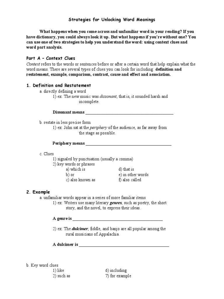 Strategies for Unlocking Word Meanings: Using Context Clues and Word ...