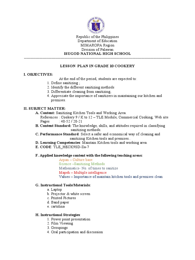 Cookery 10 Lesson Plan - Demo | PDF | Lesson Plan | Human Nature