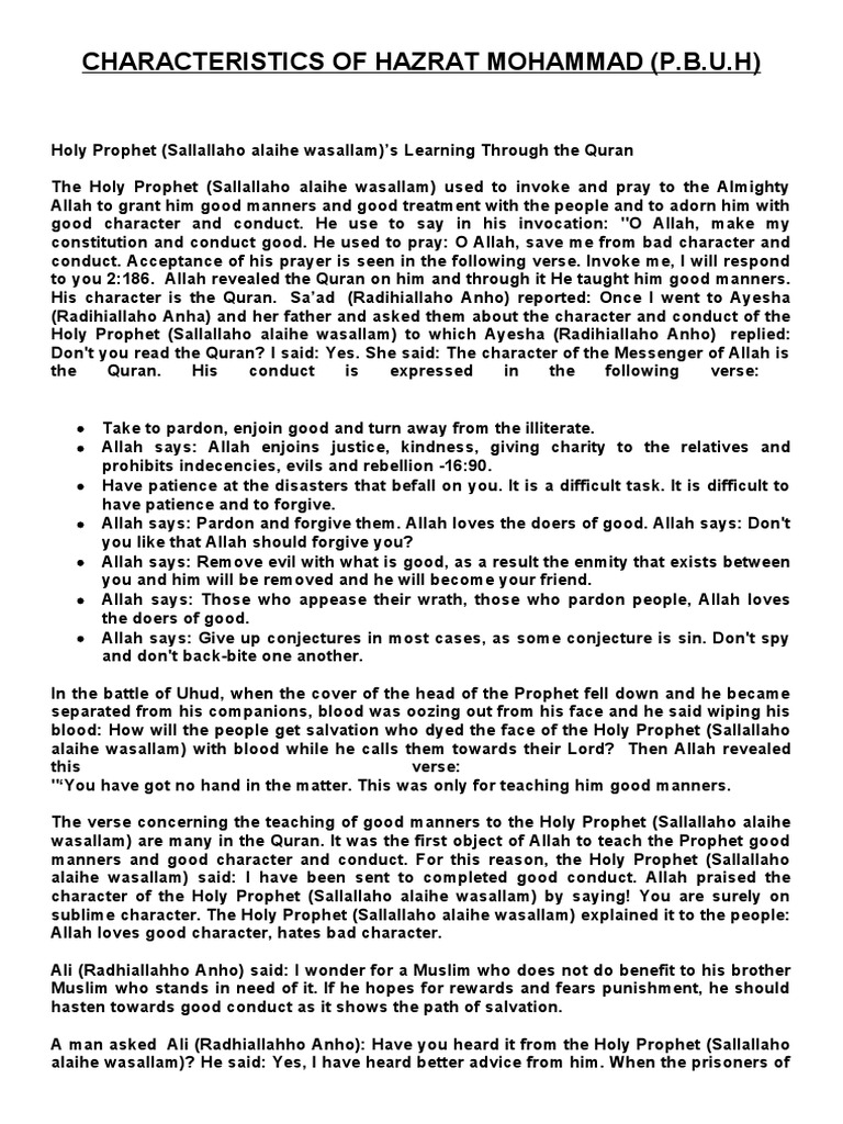 Characteristics of Hazrat Mohammad (Pbuh) | PDF | Muhammad | Prophets ...