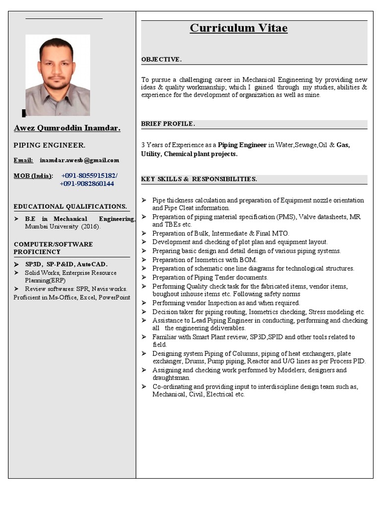 Resume - Awez - Inamdar (Piping Engineer) - TEcton | PDF | Engineering | Pipe (Fluid Conveyance)