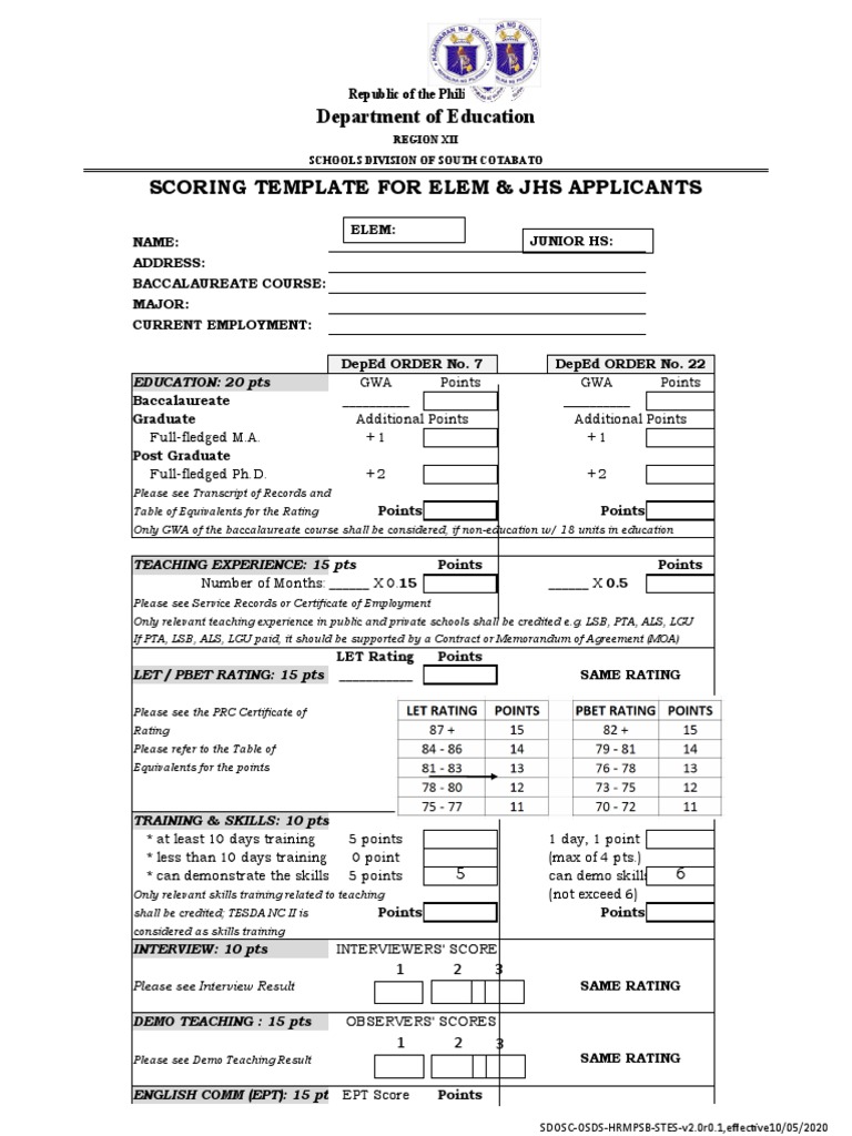 Scoring Template For Elem JHS Applicants | PDF | Educational Stages | Human Nature