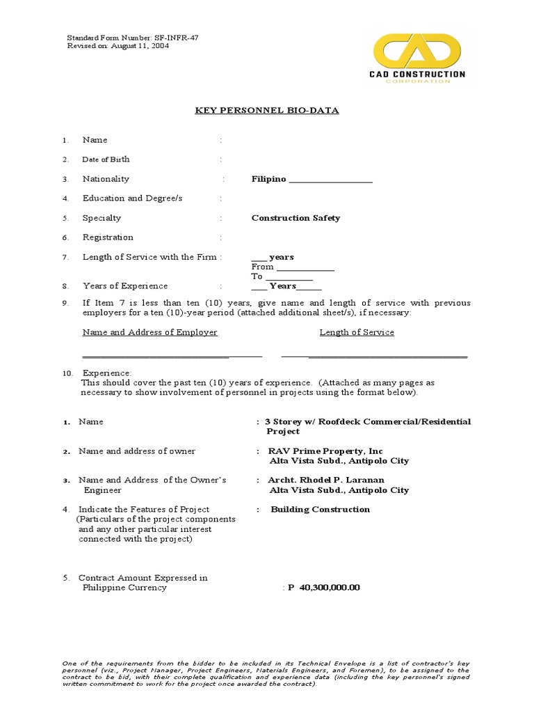 Key Personnel Bio-Data: Standard Form Number: SF-INFR-47 Revised On ...