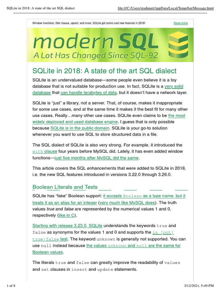 SQLite in 2018 - A State of The Art SQL Dialect | PDF | Boolean Data ...