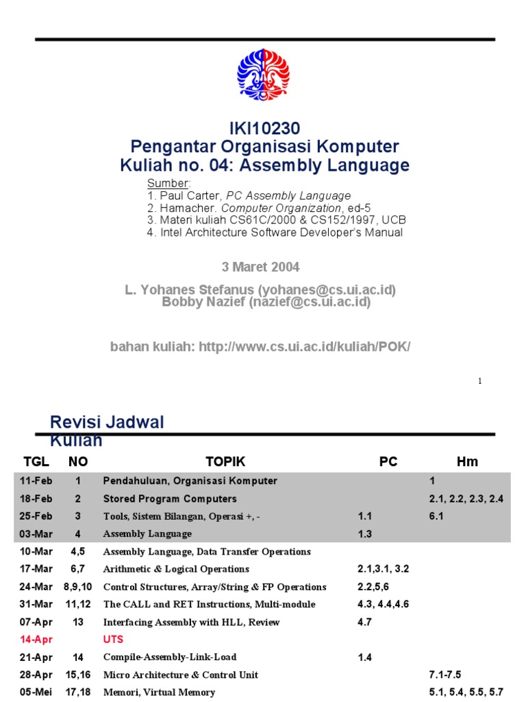 IKI10230 Pengantar Organisasi Komputer Kuliah No. 04: Assembly Language ... IKI10230 Pengantar Organisasi Komputer Kuliah No. 04: Assembly Language ...