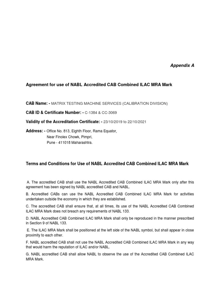 Agreement For Use of NABL Accredited CAB Combined ILAC MRA Mark | PDF ...
