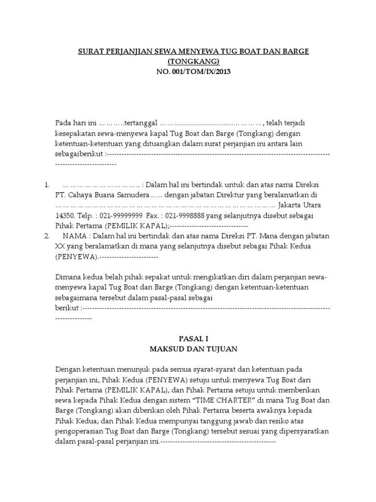 Surat Perjanjian Sewa Menyewa Tug Boat D | PDF