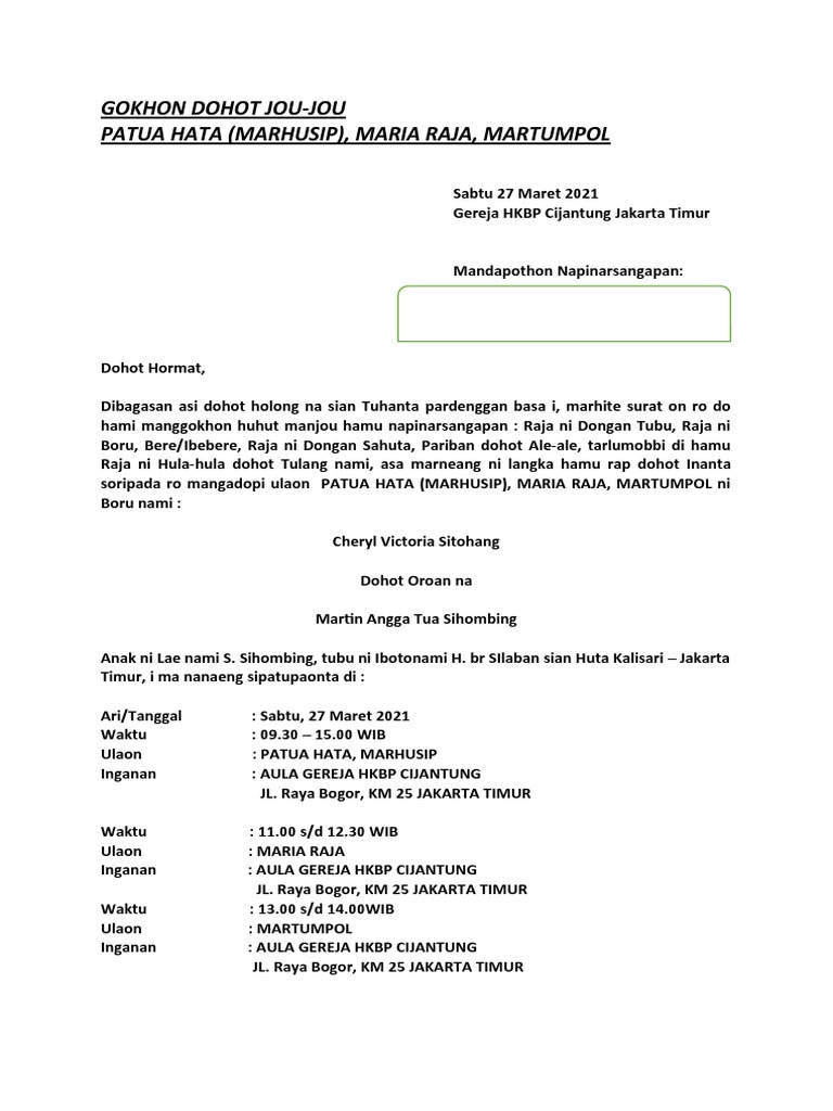 Undangan Upacara Adat Patua Hata, Maria Raja, dan Martumpol untuk ...