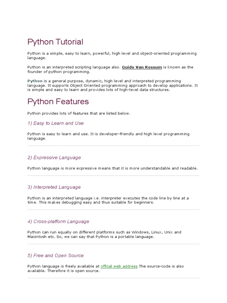 Python Tutorial: 1) Easy To Learn and Use | PDF | Python (Programming ...