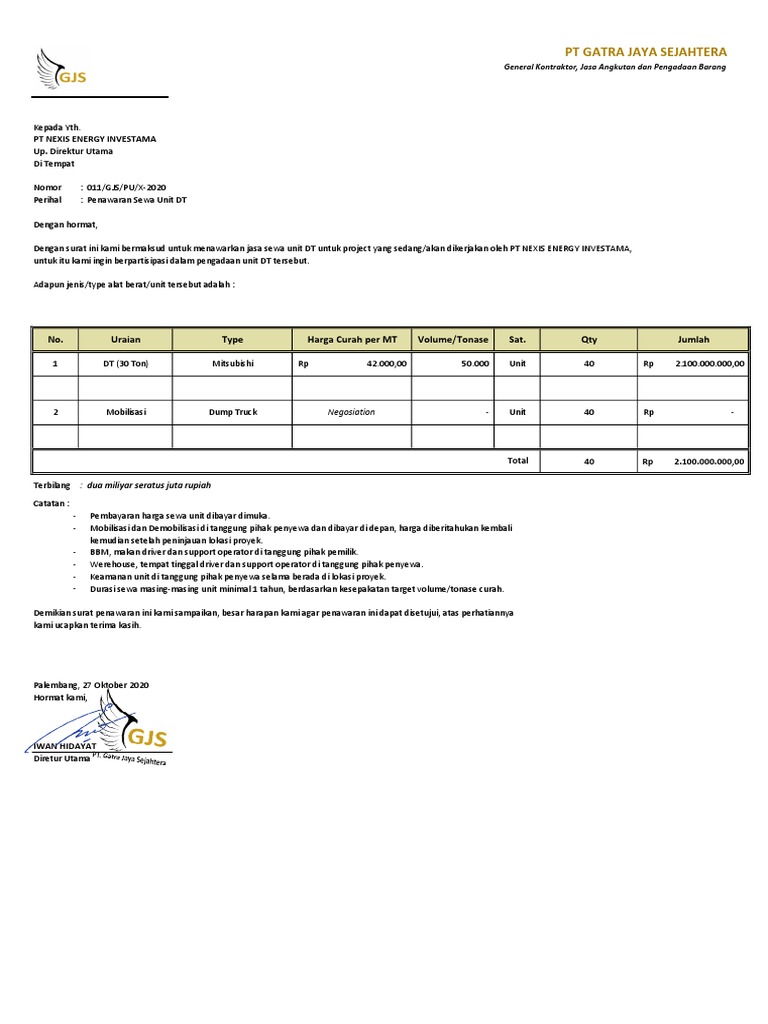 Penawaran Sewa Unit DT - Lahat - GJS | PDF